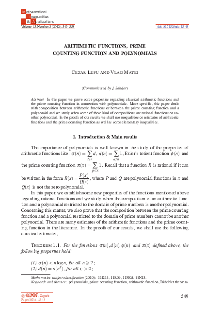 Pdf Arithmetic Functions Prime Counting Function And Polynomials