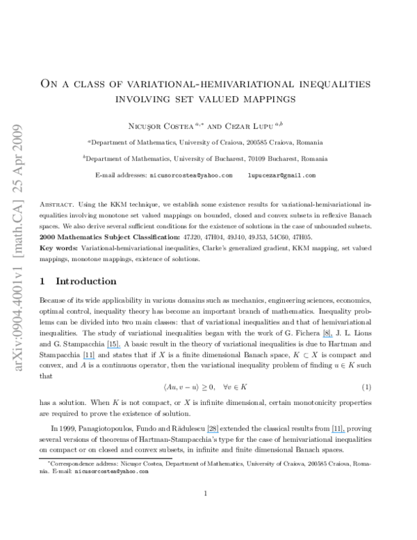 (PDF) On a class of variational-hemivariational inequalities involving set valued mappings ...