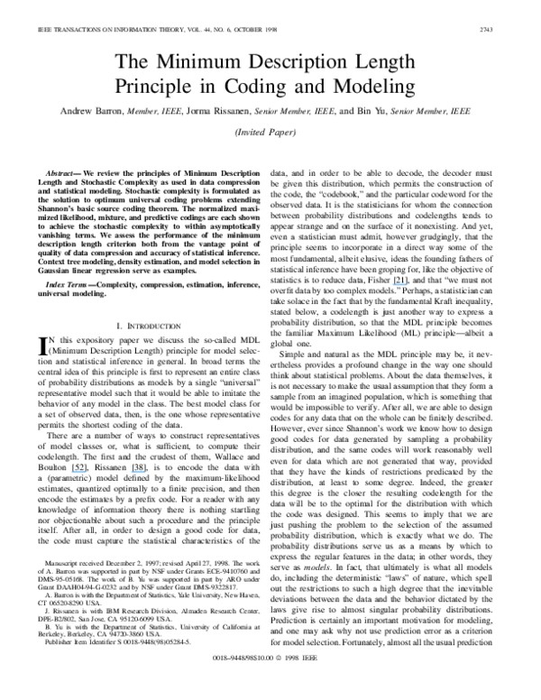 (PDF) The minimum description length principle in coding and modeling