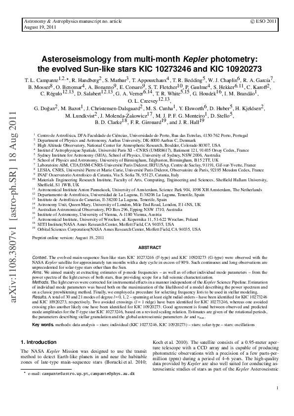 (PDF) Asteroseismology from multi-month Kepler photometry: the evolved Sun-like stars KIC ...