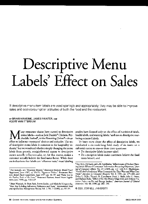 (PDF) Descriptive Menu Labels’ Effect on Sales