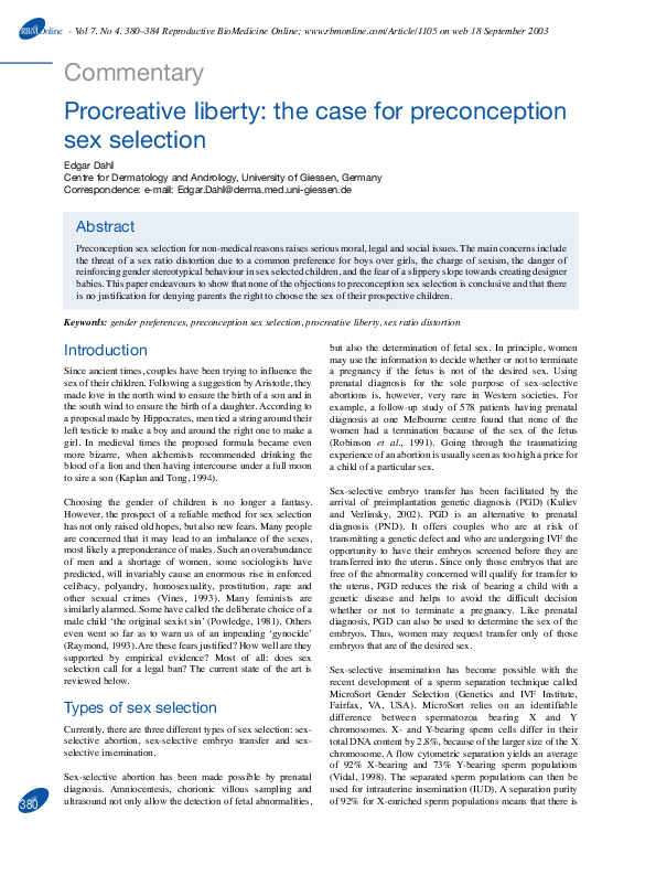 Pdf Procreative Liberty The Case For Preconception Sex Selection