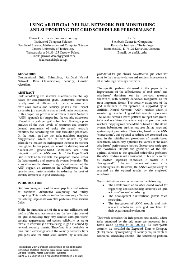 Pdf Using Artificial Neural Network For Monitoring And Supporting The Grid Scheduler