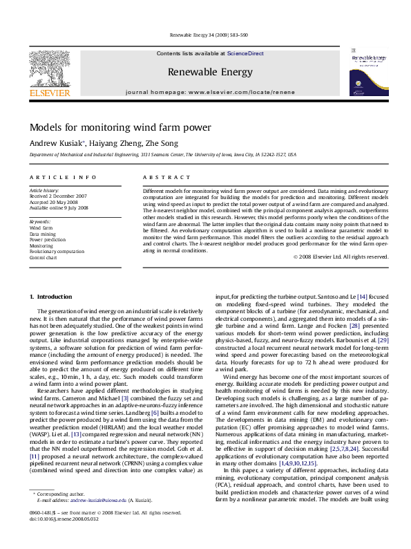Pdf Models For Monitoring Wind Farm Power