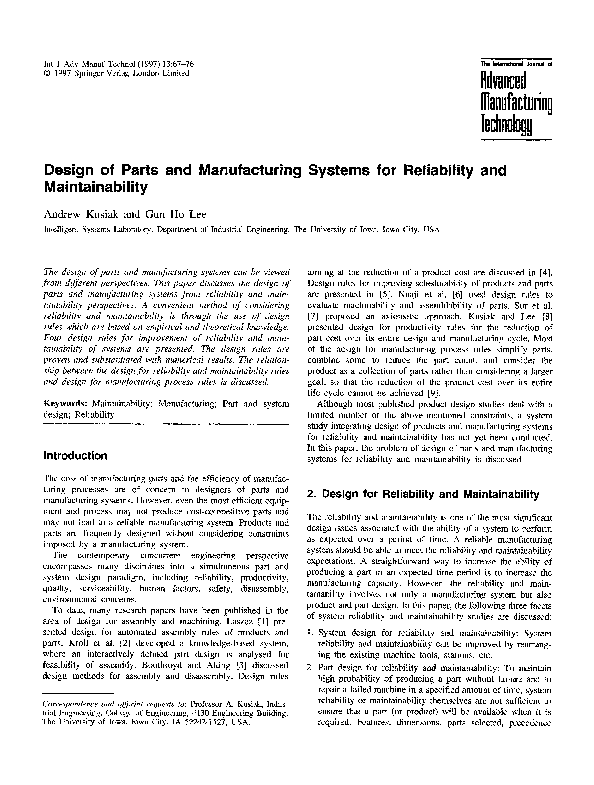 (PDF) Design of parts and manufacturing systems for reliability and ...