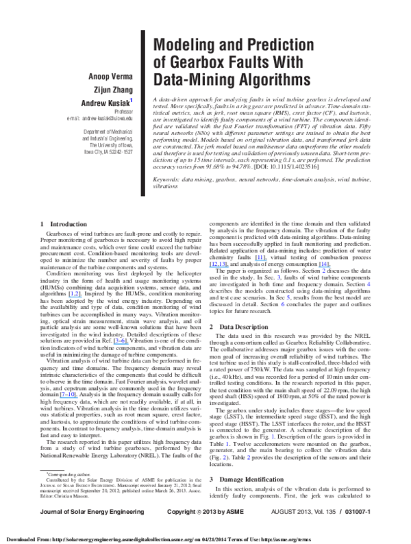 (PDF) Modeling and Prediction of Gearbox Faults With Data-Mining Algorithms