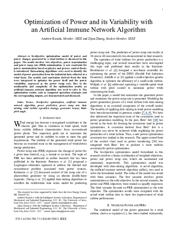 Pdf Optimization Of Power And Its Variability With An Artificial Immune Network Algorithm