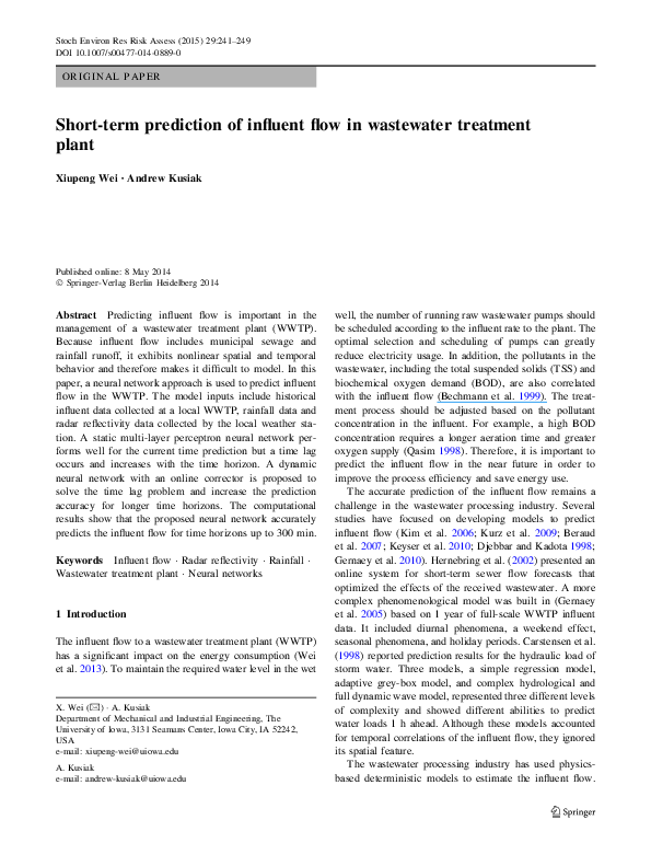 (PDF) Short-term prediction of influent flow in wastewater treatment plant