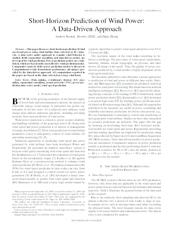 Pdf Short Horizon Prediction Of Wind Power A Data Driven Approach