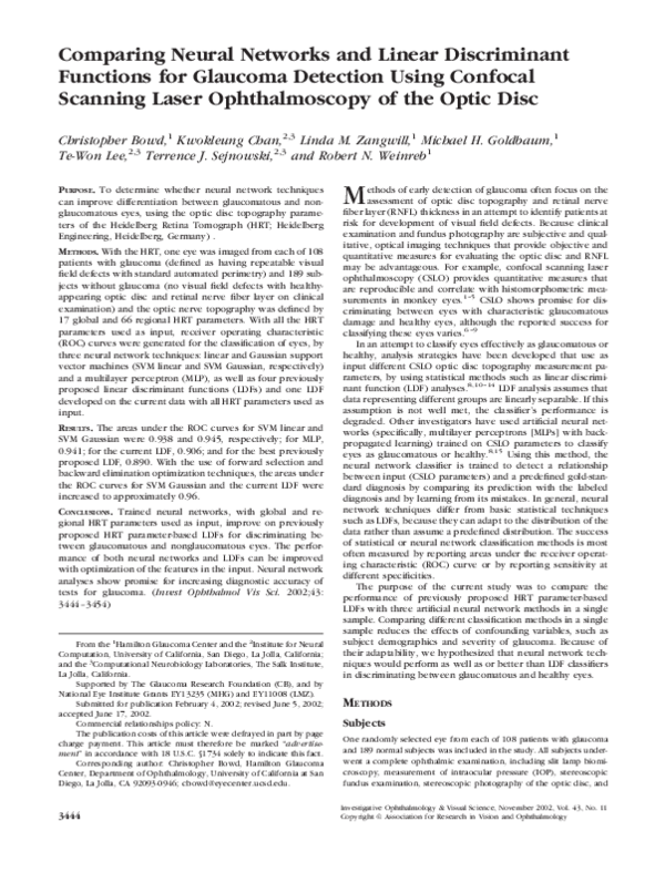 (PDF) Comparing neural networks and linear discriminant functions for glaucoma detection using ...