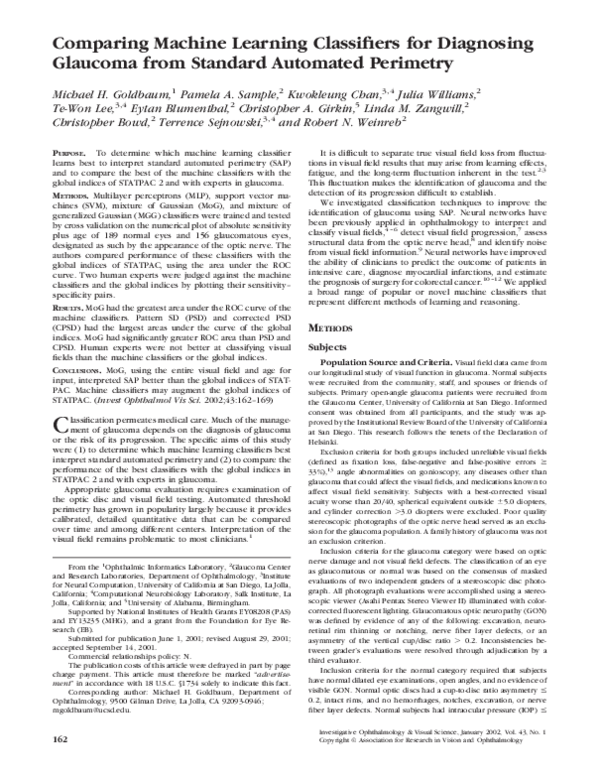 (PDF) Comparing machine learning classifiers for diagnosing glaucoma from standard automated ...