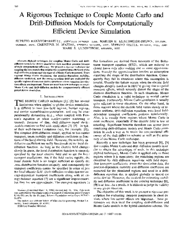 Pdf A Rigorous Technique To Couple Monte Carlo And Drift Diffusion Models For Computationally