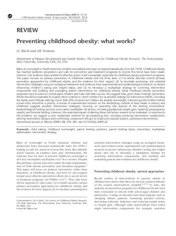 (PDF) Preventing childhood obesity: what works?