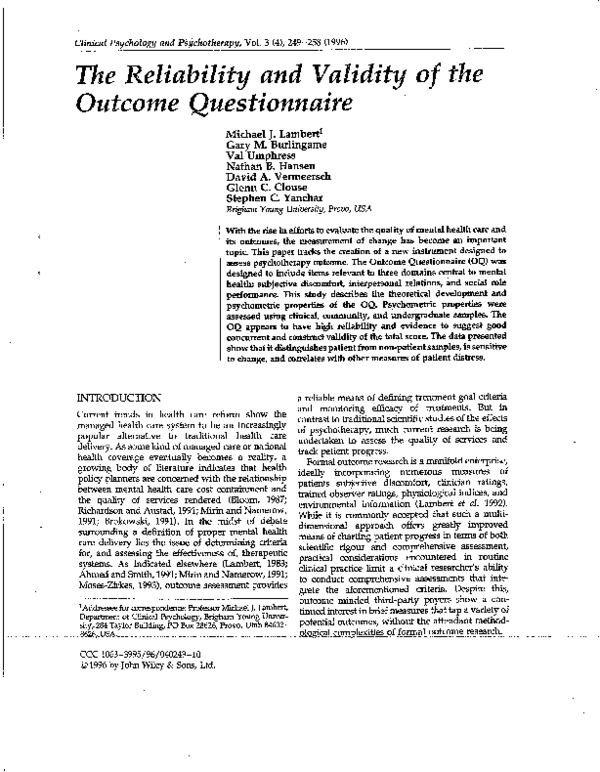 (PDF) The Reliability and Validity of the Outcome Questionnaire
