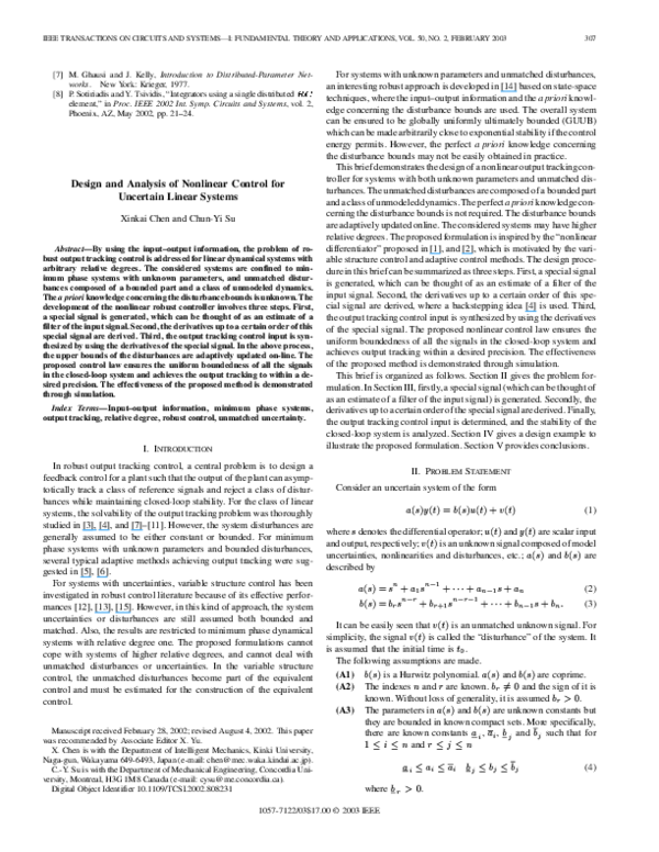 (PDF) Design and analysis of nonlinear control for uncertain linear systems