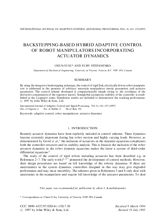 (PDF) Backstepping-Based Hybrid Adaptive Control of Robot Manipulators Incorporating Actuator ...