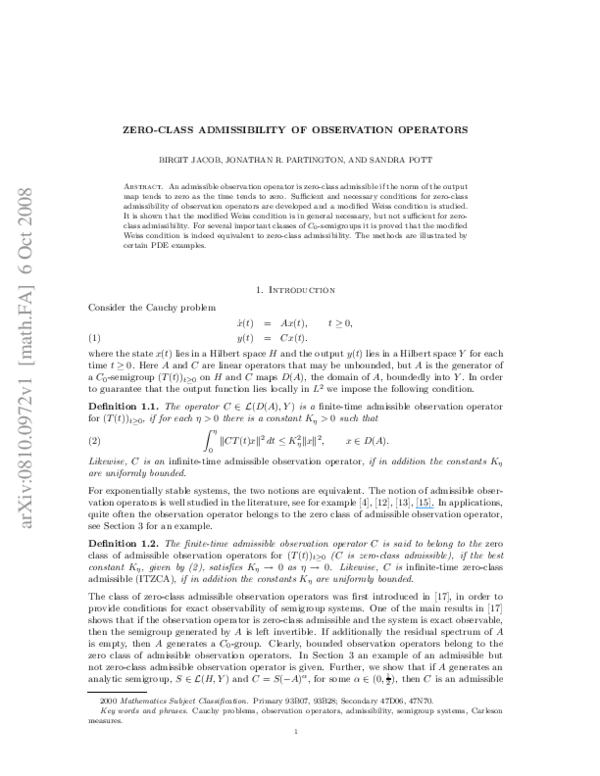 Pdf Zero Class Admissibility Of Observation Operators