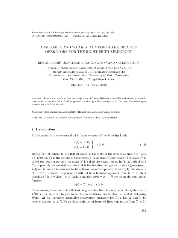 (PDF) Admissible and weakly admissible observation operators for the right shift semigroup