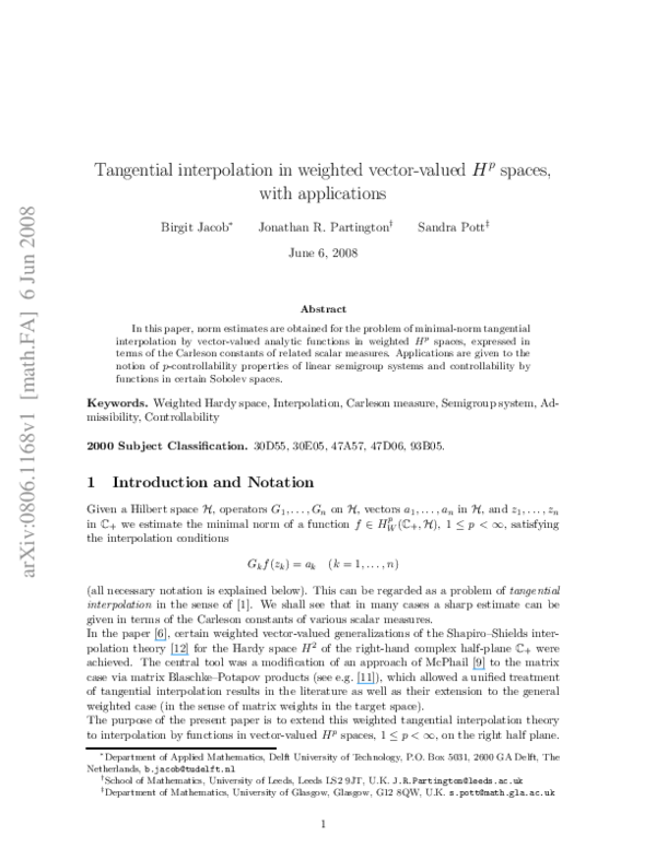 Pdf Tangential Interpolation In Weighted Vector Valued Hp Spaces