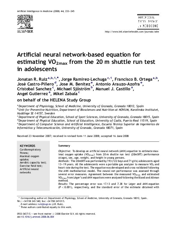 (PDF) Artificial neural network-based equation for estimating VO2max from the 20m shuttle run ...