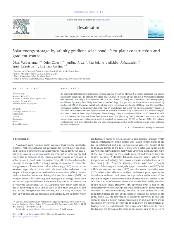 (PDF) Solar energy storage by salinity gradient solar pond: Pilot plant ...