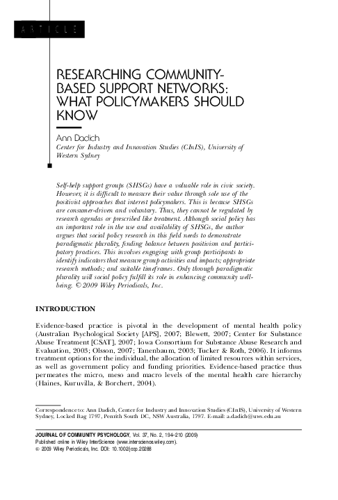 (PDF) Researching community-based support networks: what policymakers ...