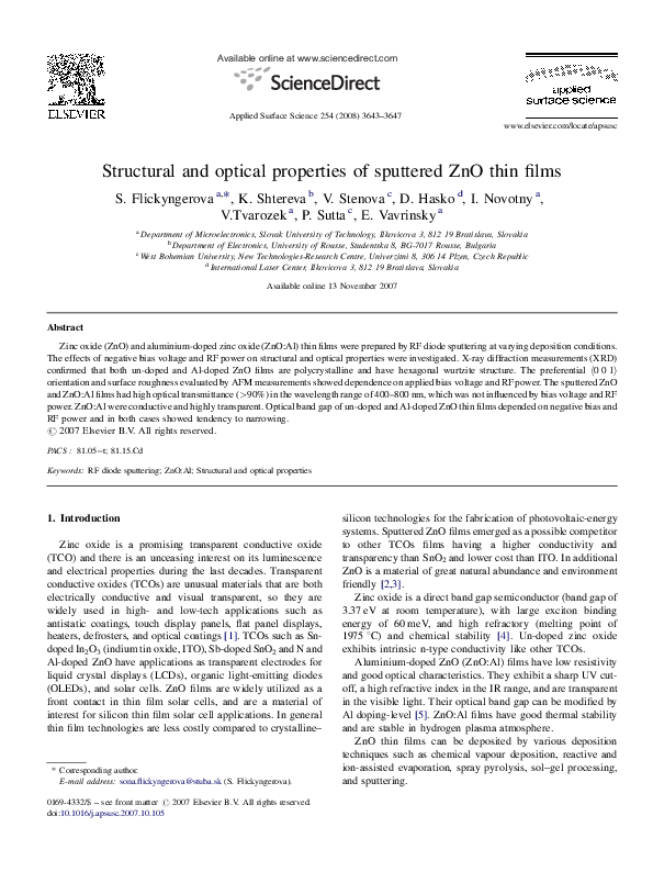 (PDF) Structural and optical properties of sputtered ZnO thin films