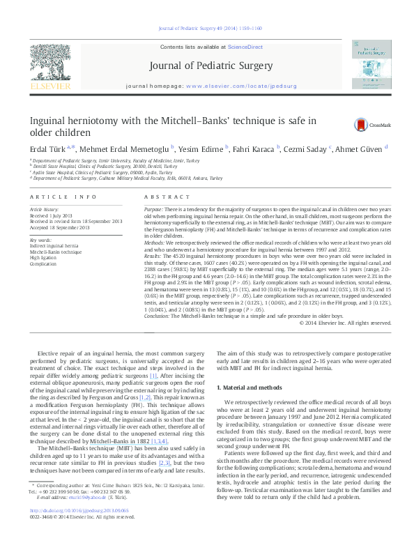 (PDF) Inguinal herniotomy with the Mitchell Banks’ technique is safe in ...