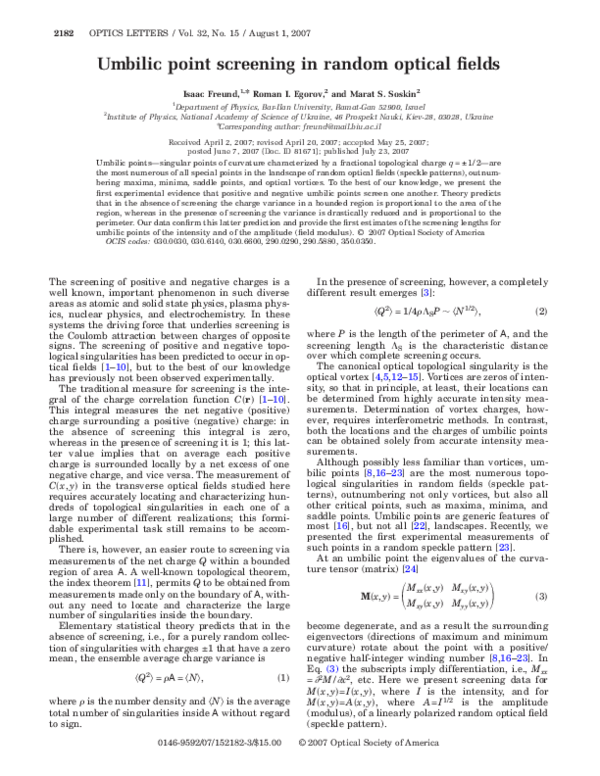 (PDF) Umbilic point screening in random optical fields