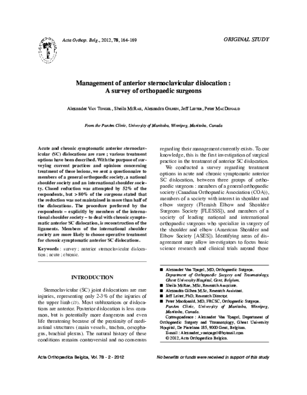 (PDF) Management of anterior sternoclavicular dislocation: a survey of ...