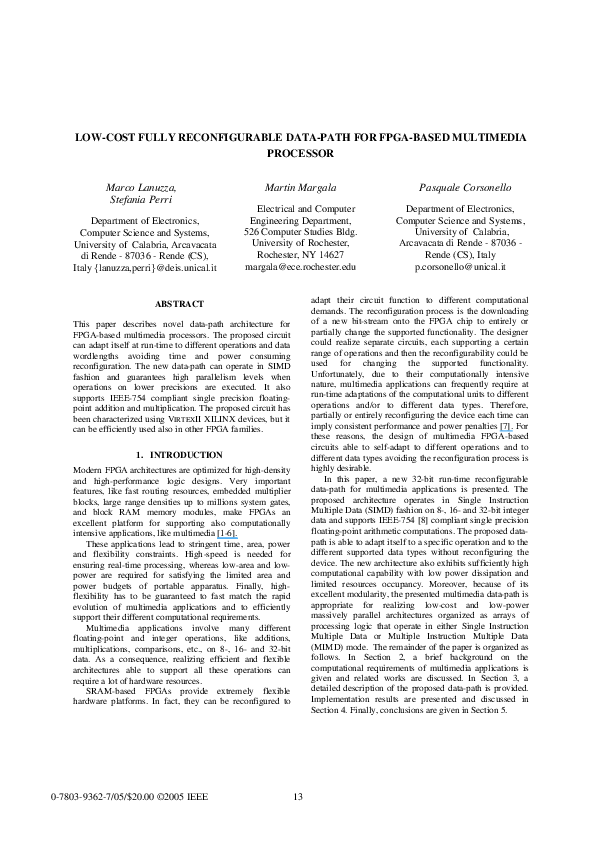 Pdf Low Cost Fully Reconfigurable Data Path For Fpga Based Multimedia Processor