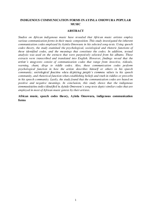 (PDF) INDIGENOUS COMMUNICATION FORMS IN AYINLA OMOWURA POPULAR MUSIC ...