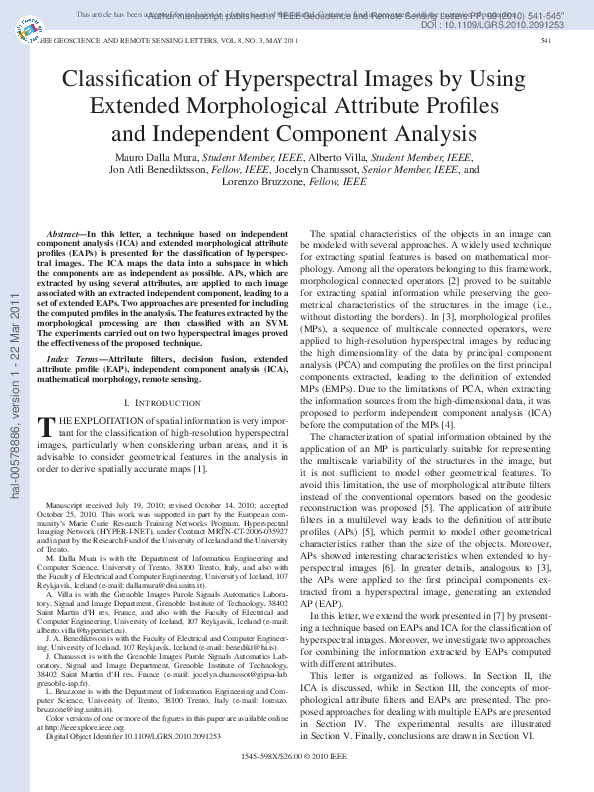 Pdf Classification Of Hyperspectral Images By Using Morphological Attribute Filters And