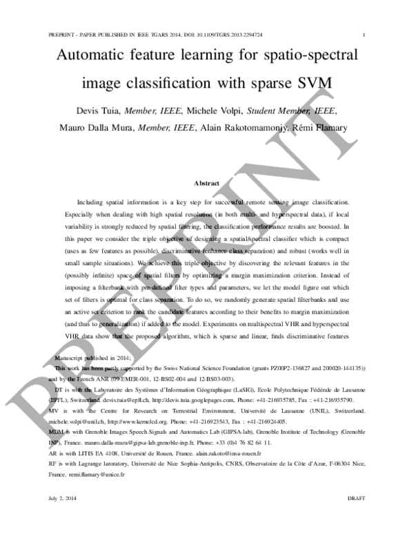 (PDF) Automatic Feature Learning for Spatio-Spectral Image Classification With Sparse SVM