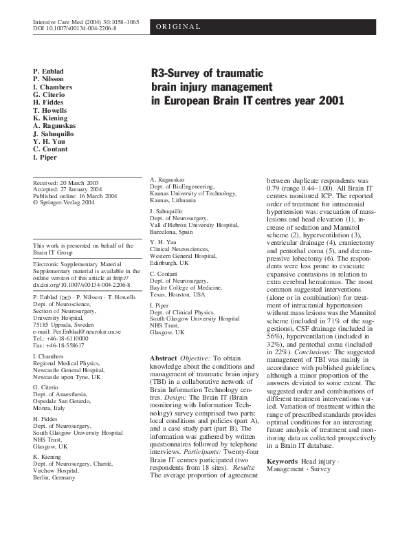 (PDF) R3-Survey of traumatic brain injury management in European Brain ...