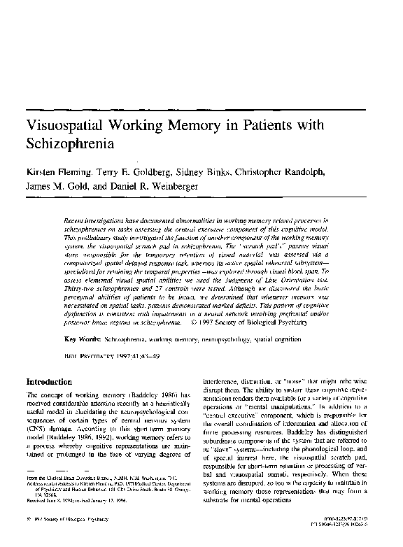 Pdf Visuospatial Working Memory In Patients With Schizophrenia