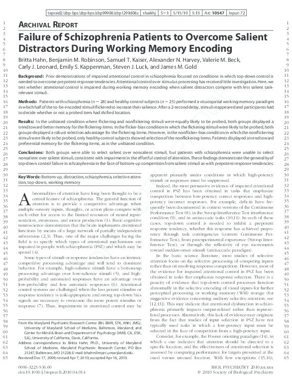 (PDF) Failure of Schizophrenia Patients to Overcome Salient Distractors During Working Memory ...