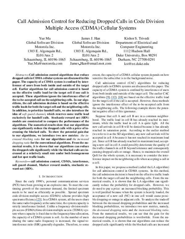 (PDF) Call admission control for reducing dropped calls in CDMA cellular systems