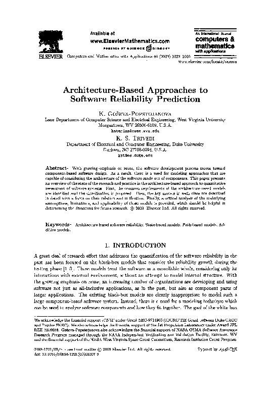 (PDF) Architecture-based approaches to software reliability prediction