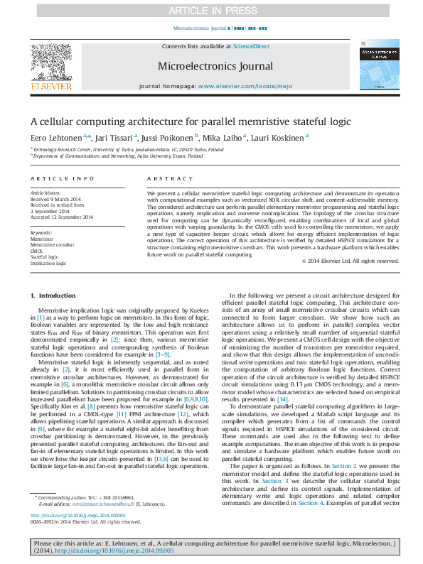(PDF) A cellular computing architecture for parallel memristive stateful logic