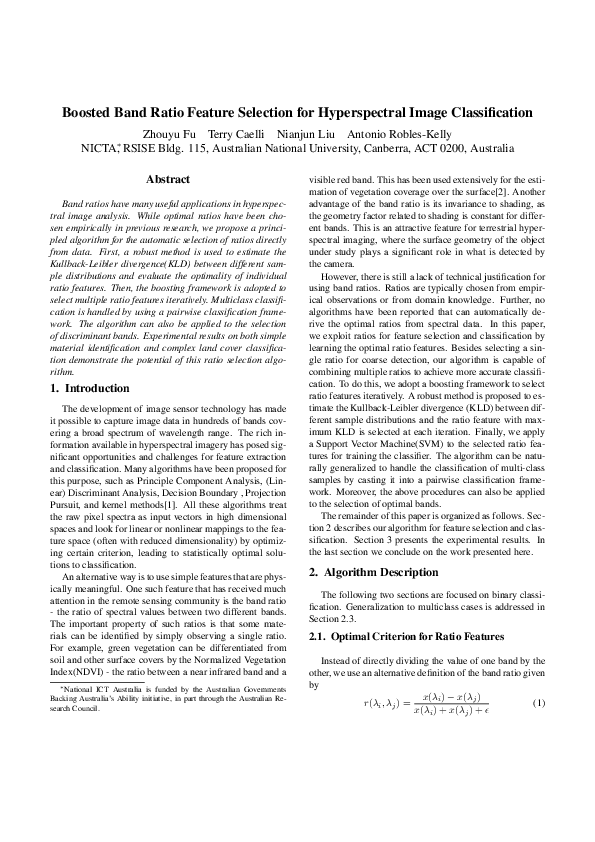 (PDF) Boosted band ratio feature selection for hyperspectral image classification