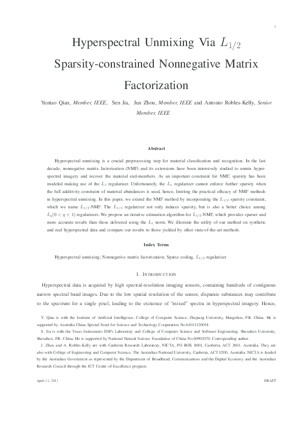 (PDF) Hyperspectral unmixing via L-1/2 sparsity-constrained nonnegative matrix factorization