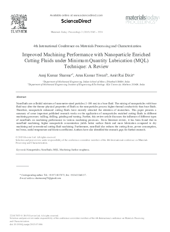(PDF) Improved Machining Performance with Nanoparticle Enriched Cutting Fluids under Minimum ...