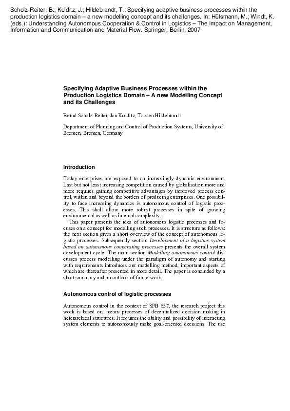 (PDF) Specifying Adaptive Business Processes within the Production Logistics Domain — A new ...