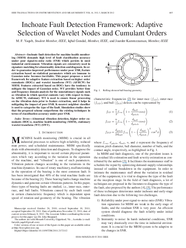 Pdf Inchoate Fault Detection Framework Adaptive Selection Of Wavelet Nodes And Cumulant
