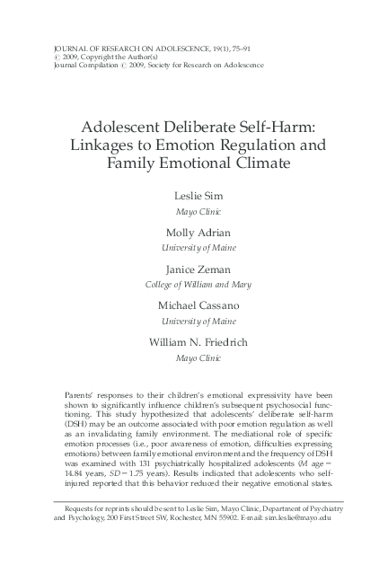 (PDF) Adolescent Deliberate Self-Harm: Linkages to Emotion Regulation ...