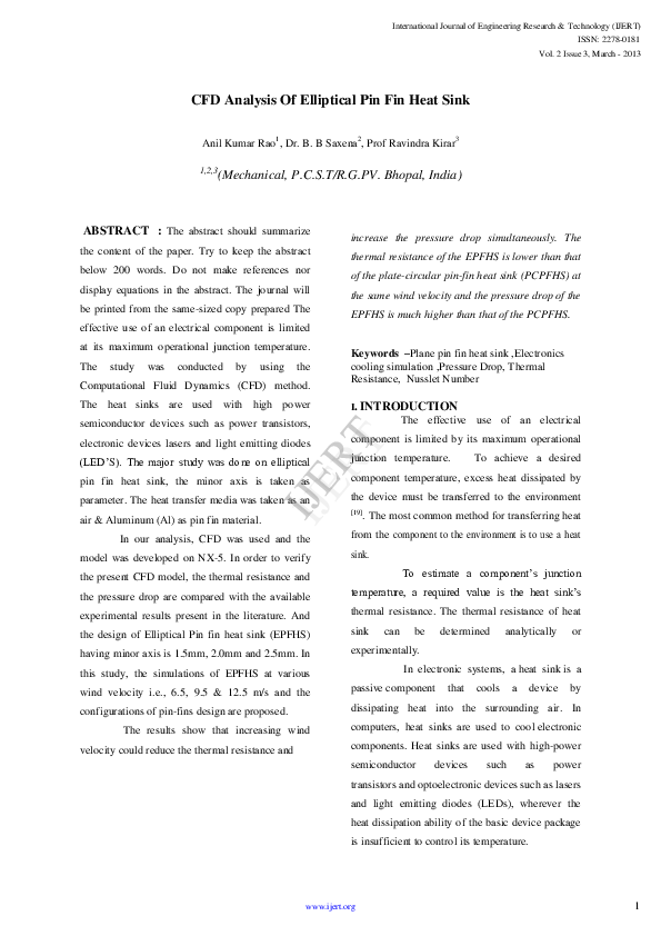 (PDF) CFD Analysis Of Elliptical Pin Fin Heat Sink