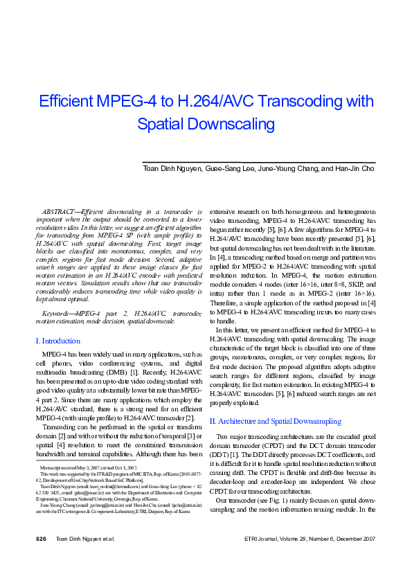 (PDF) Efficient MPEG4 to H.264/AVC Transcoding with Spatial Downscaling