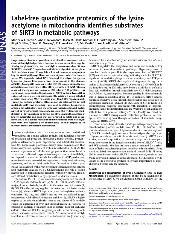 (PDF) Label-free quantitative proteomics of the lysine acetylome in mitochondria identifies ...