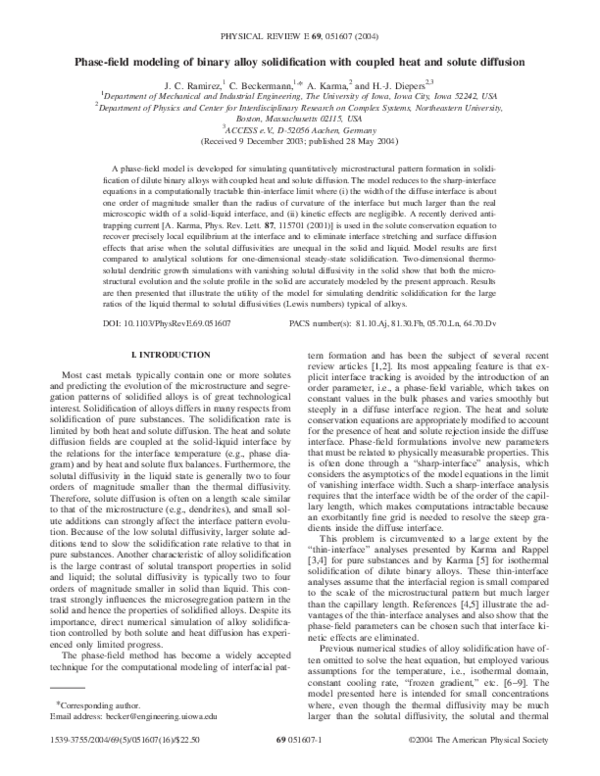 (PDF) Phase-field modeling of binary alloy solidification with coupled heat and solute diffusion